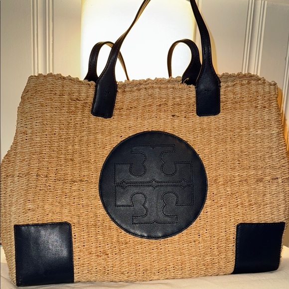 Tory Burch | Bags | Tory Burch Straw Ella Tote Navy | Poshmark